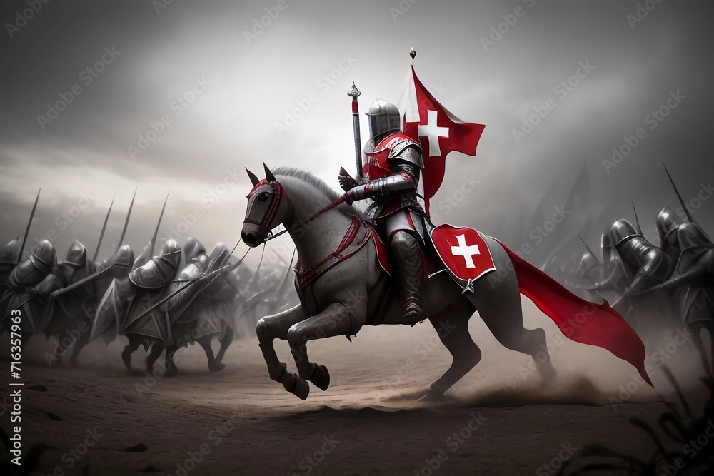 Swiss battle Knight Templar Knight with Armor and Horse and Red Cross ...