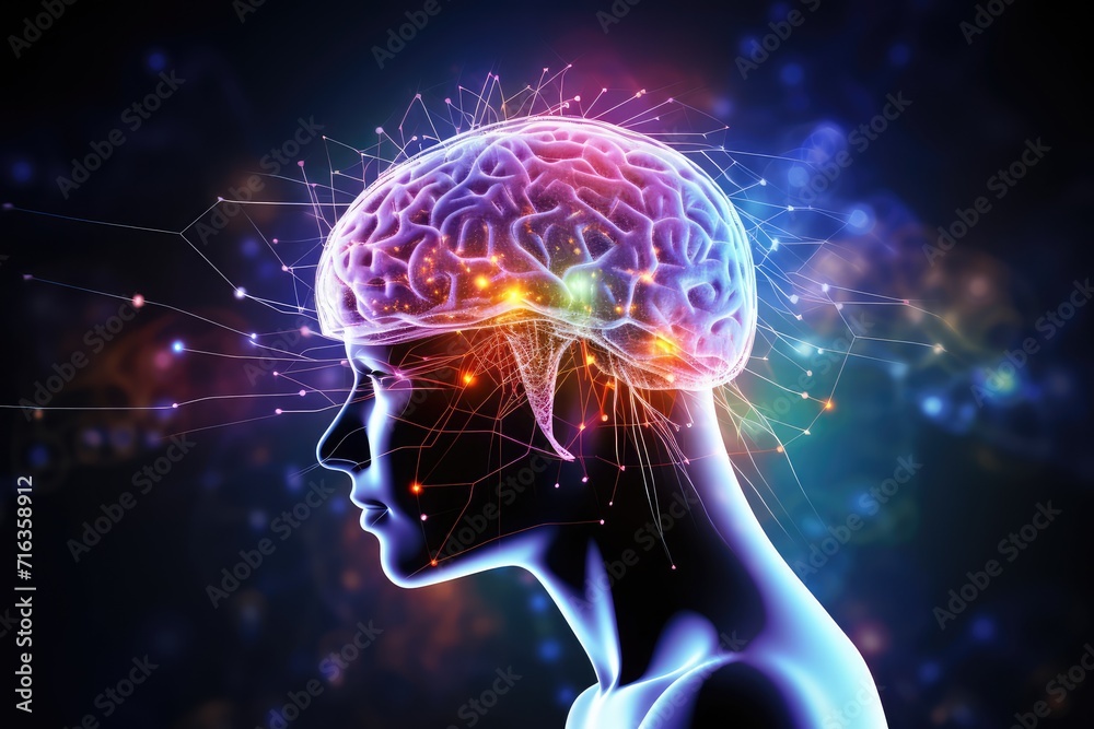 Vivid neuronal brain dots, connecting through synapses. Self awareness ...