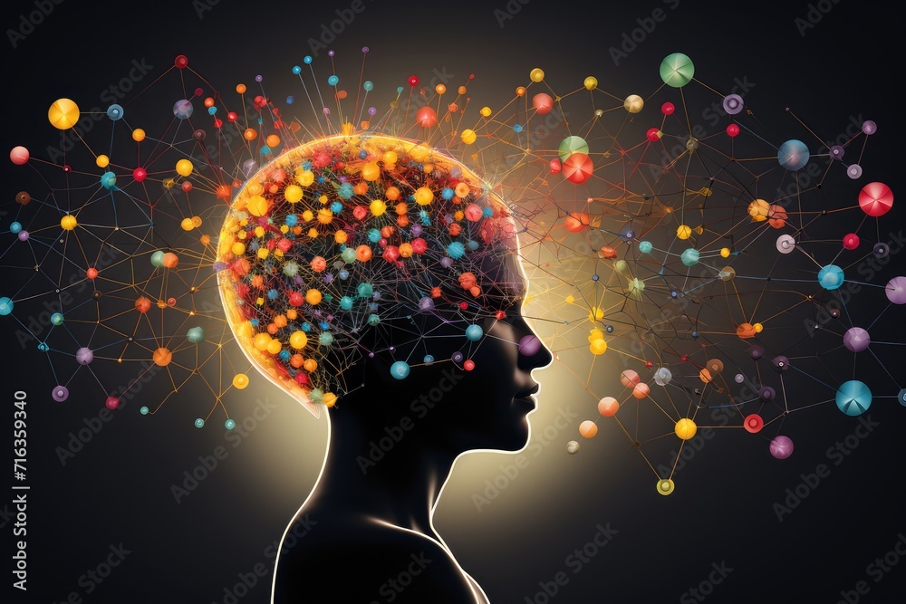 Vivid neuronal brain dots, connecting through synapses. Self awareness ...