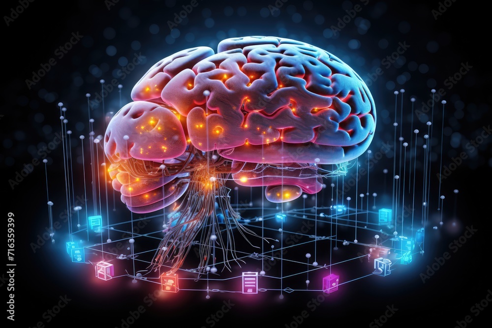 Vivid neuronal brain dots, connecting through synapses. Self awareness ...
