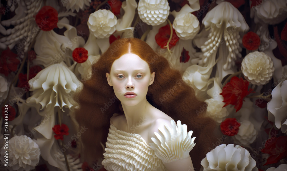 Ethereal portrait of a woman with auburn hair emerging from a sea of ...