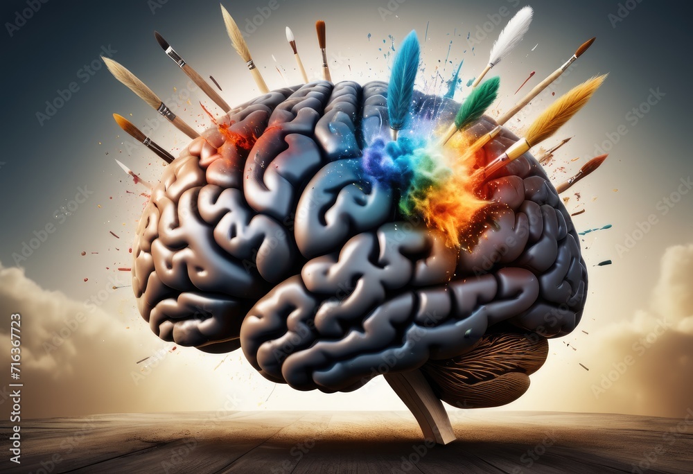 human brain in mid-explosion, with symbols of knowledge like books and ...