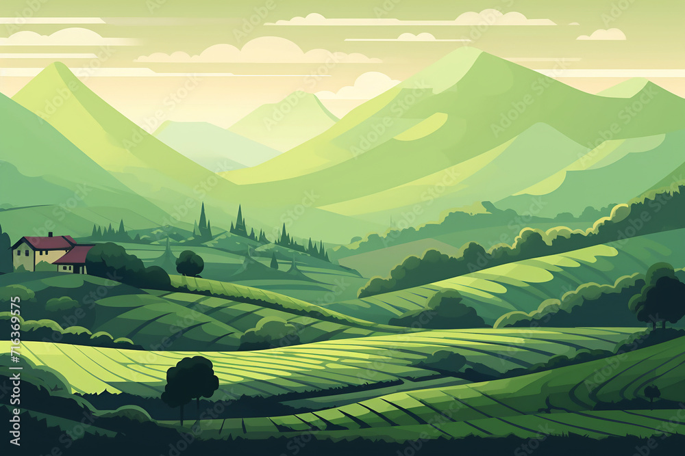 Terraced plantation poster Chinese rice fields. Tea plantations ...