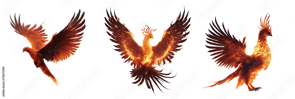 Cut Out Set of Phoenix on Fire Isolated on Transparent or White ...