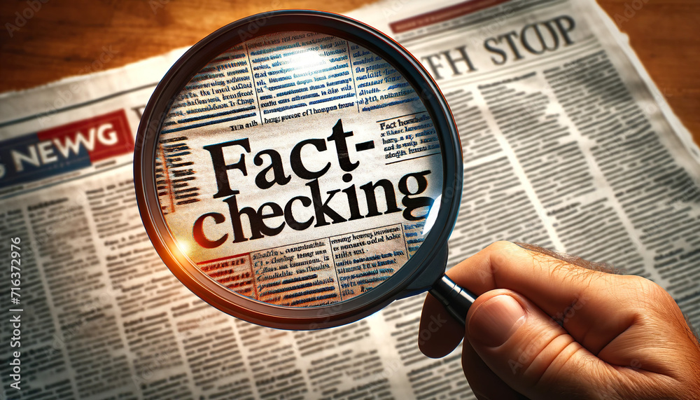 Hand holding a magnifying glass to fact check a news article.Fact ...
