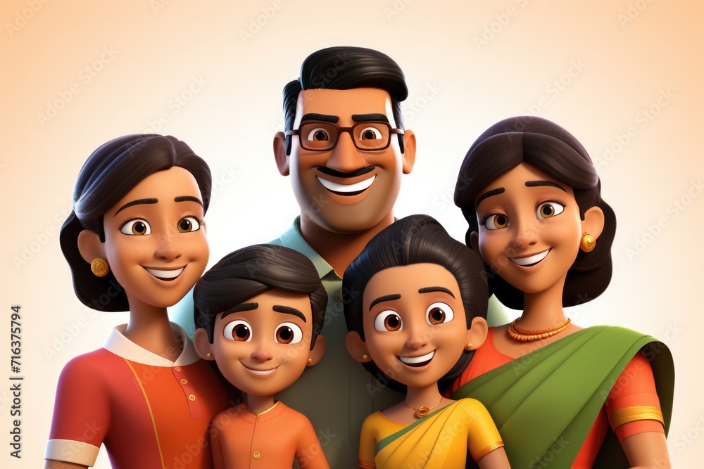 3D illustration of a happy Indian family with parents and children ...