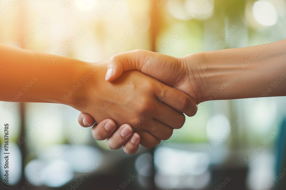 Close-up of hands in a firm handshake after a triumphant partnership in ...