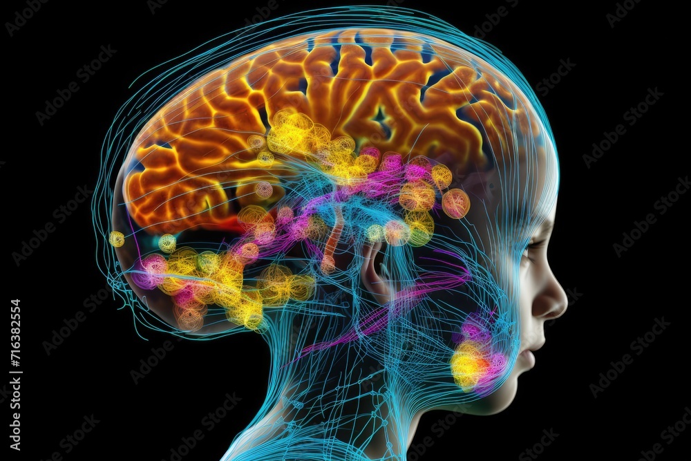 Baby, child head scan colorful little brain. Neurological notions ...