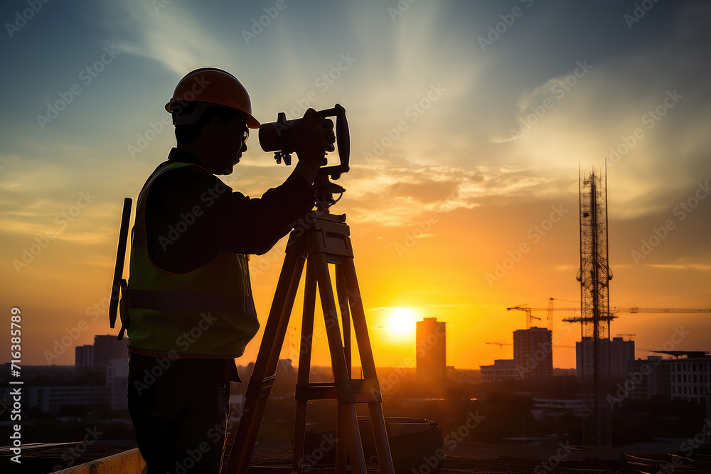 A striking silhouette of an engineer standing tall, directing ...