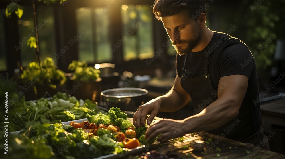 Chef cuisinier entrain de faire à manger sur un plan de travail, fruits ...