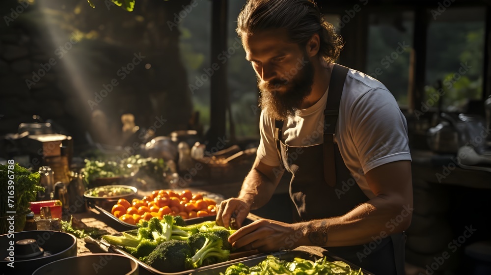 Chef cuisinier entrain de faire à manger sur un plan de travail, fruits ...