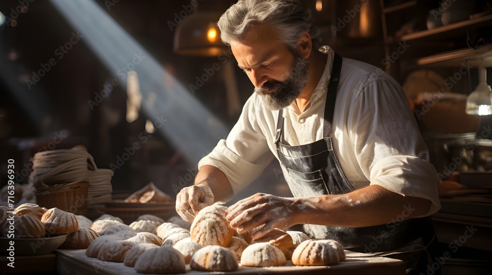 Chef cuisinier entrain de faire à manger sur un plan de travail, fruits ...
