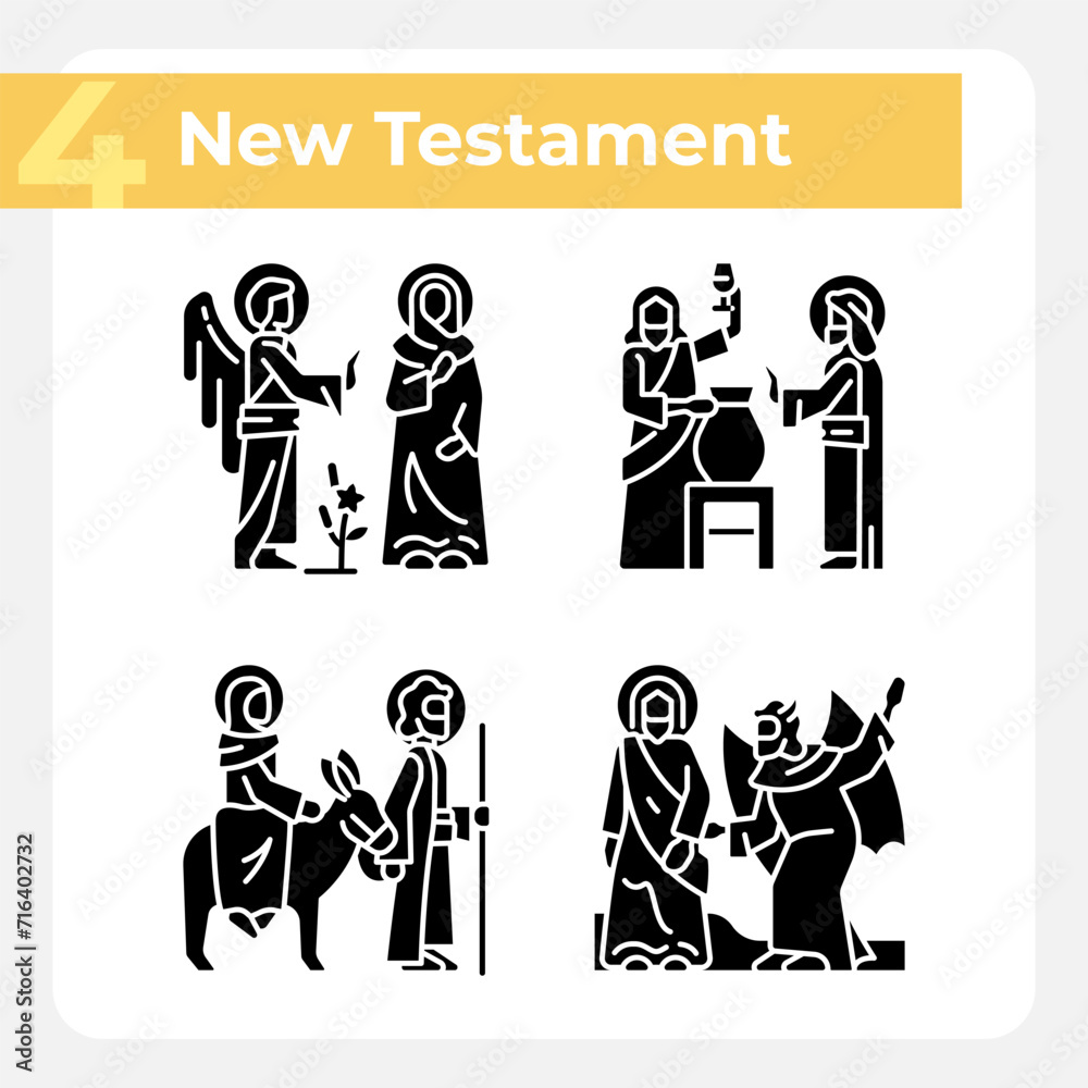 Holy figures black glyph icons set on white space. Mary and Joseph ...