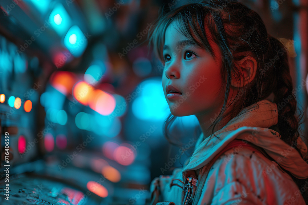 Little Asian girl wearing a spacesuit and looking at the dashboard ...
