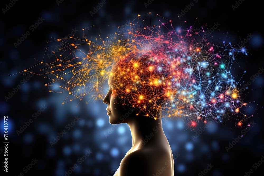 Colored Motley Brain Axon Mind tracing dance of EEG patterns, synaptic vesicle recycling ...