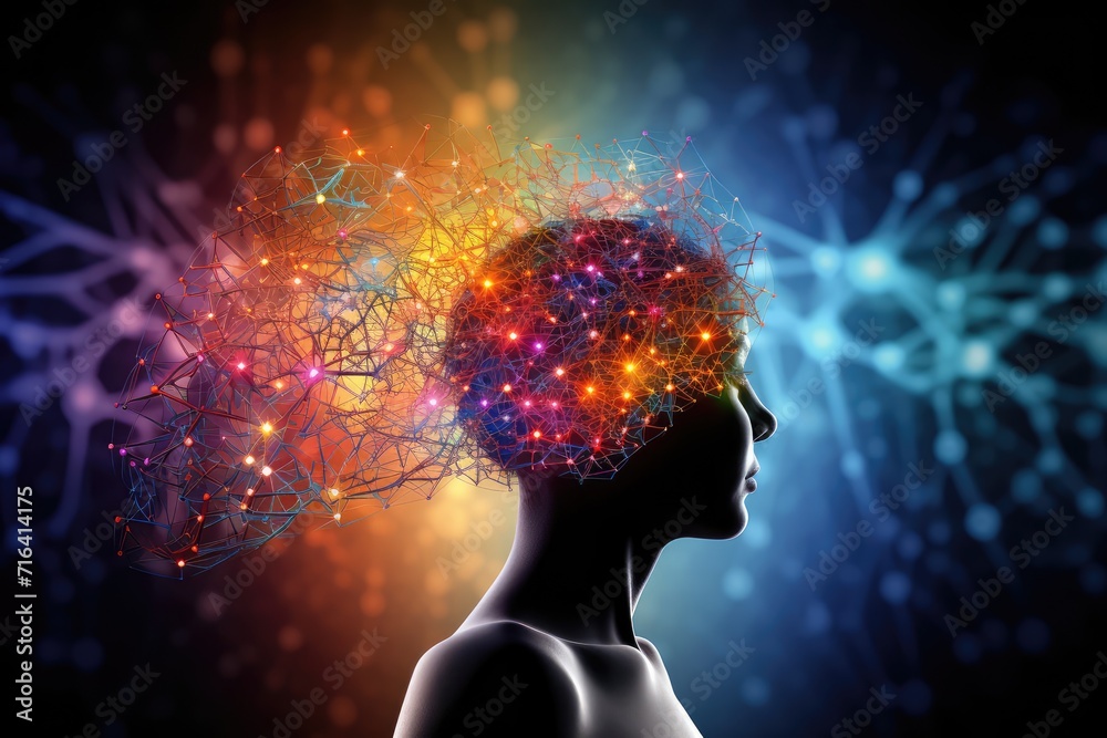 Colored Motley Brain Axon Mind tracing dance of EEG patterns, synaptic ...