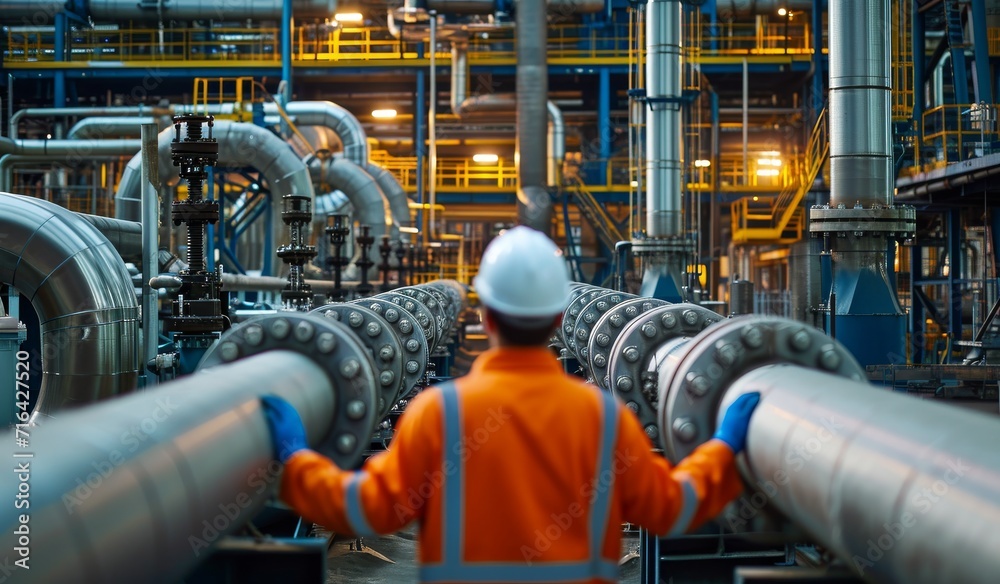 Male worker inspection at steel long pipes and pipe elbow in station ...