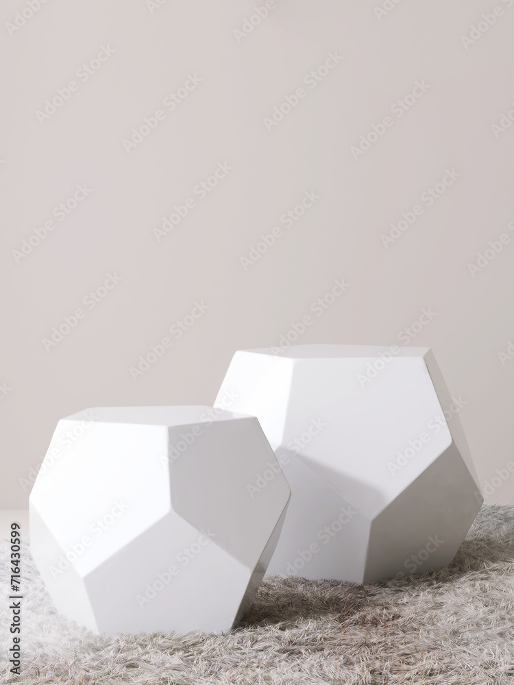 Two minimal, white modern geometric shape podium table, pentagon side ...