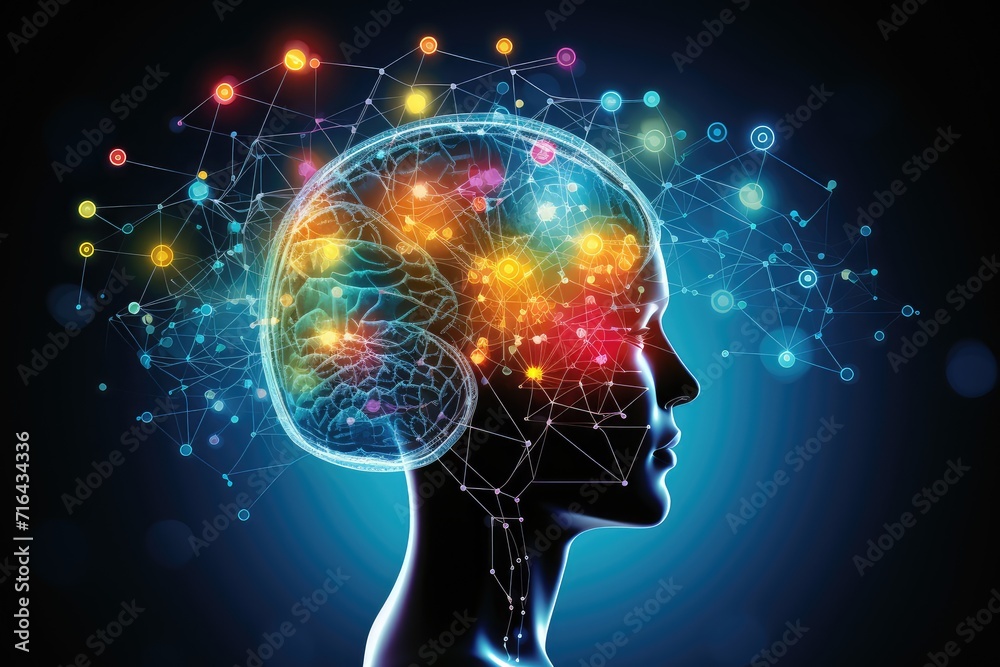 Brain, tapestry of polychromatic neurons, artistic conceptual visual ...