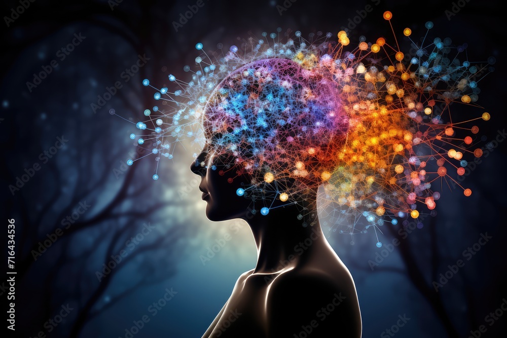 Brain, tapestry of polychromatic neurons, artistic conceptual visual ...