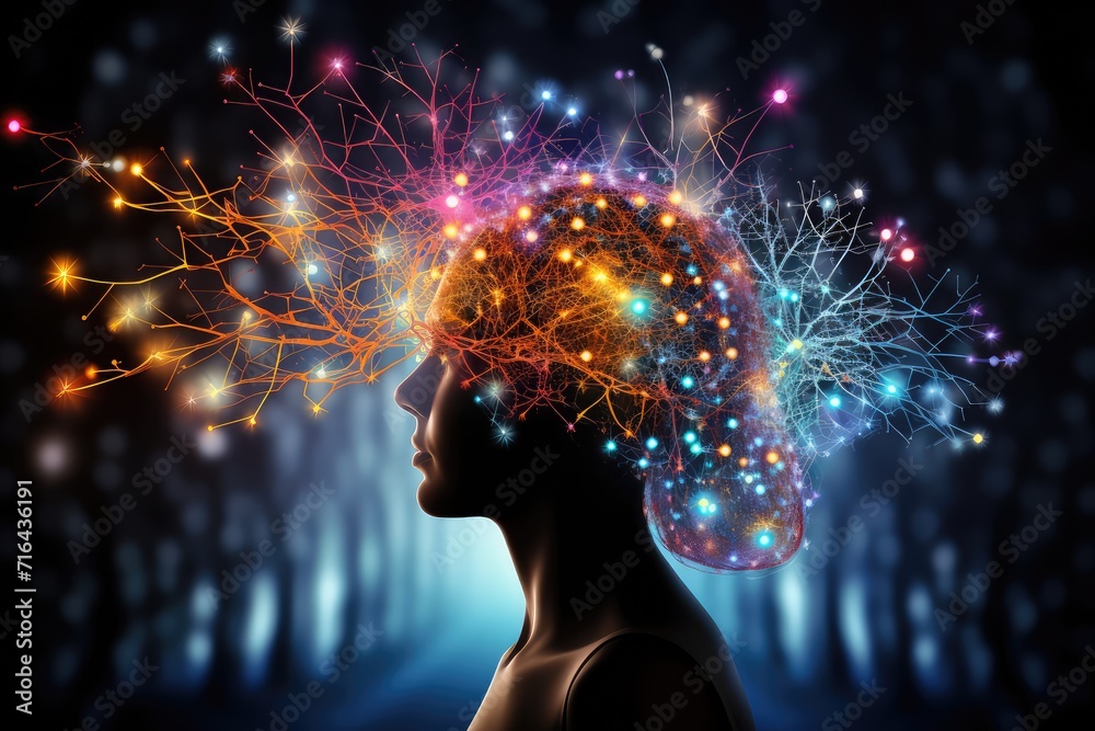 Brain, tapestry of polychromatic neurons, artistic conceptual visual ...