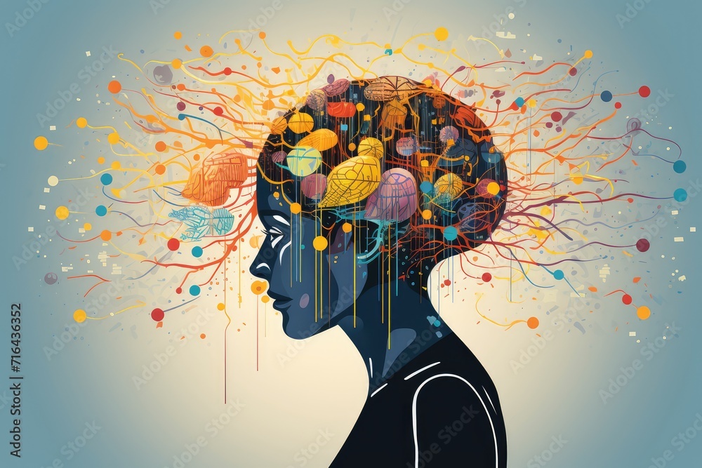 Brain, tapestry of polychromatic neurons, artistic conceptual visual ...