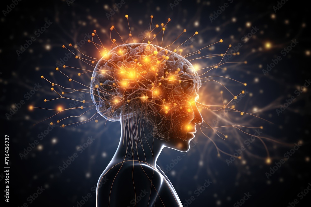 Brain, tapestry of polychromatic neurons, artistic conceptual visual ...