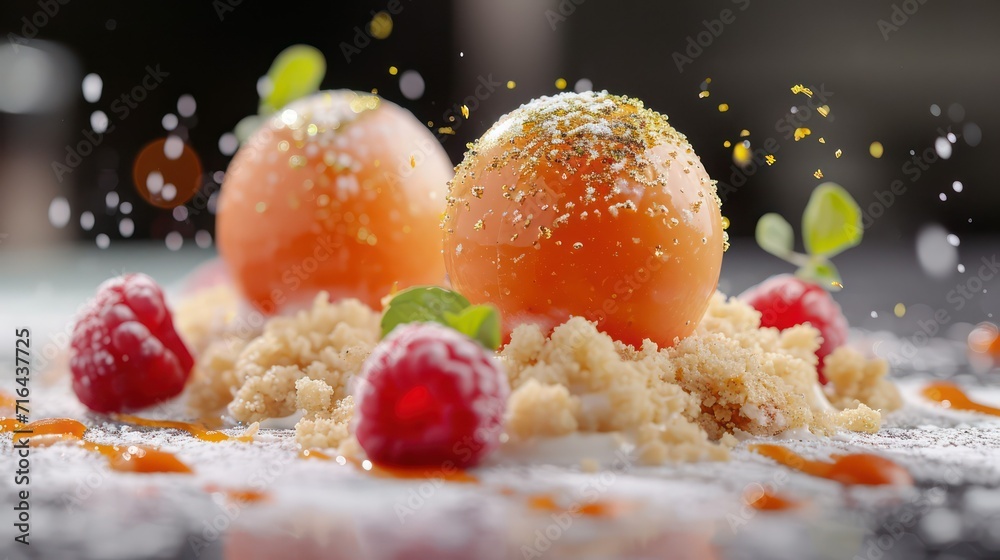 a close-up of a deconstructed dessert, spheres of passion fruit gelee ...