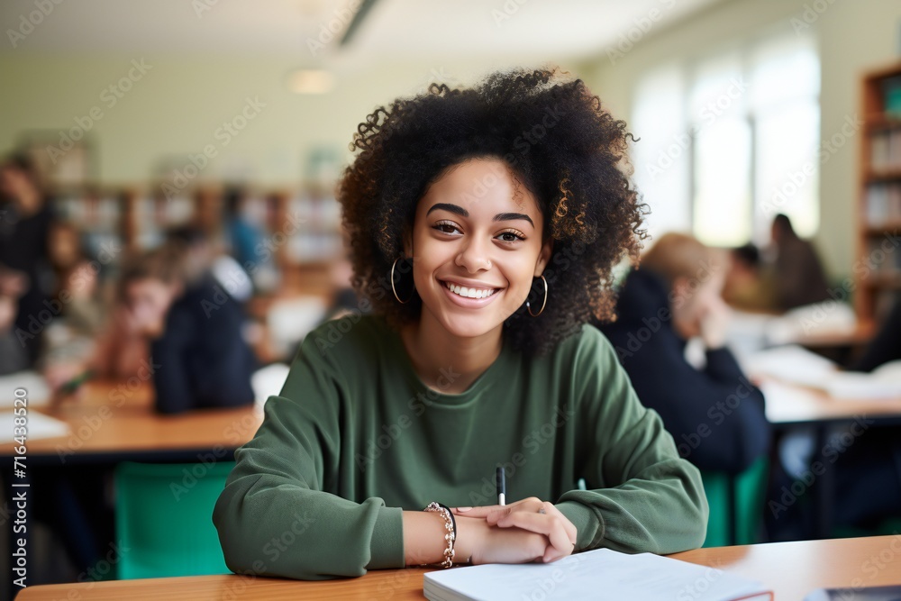 Happy black female university student attending lecture in classroom ...
