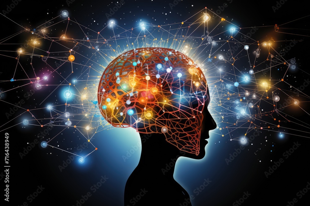 Brain dots pattern, mesmerizing display of neural particles. Electrical ...