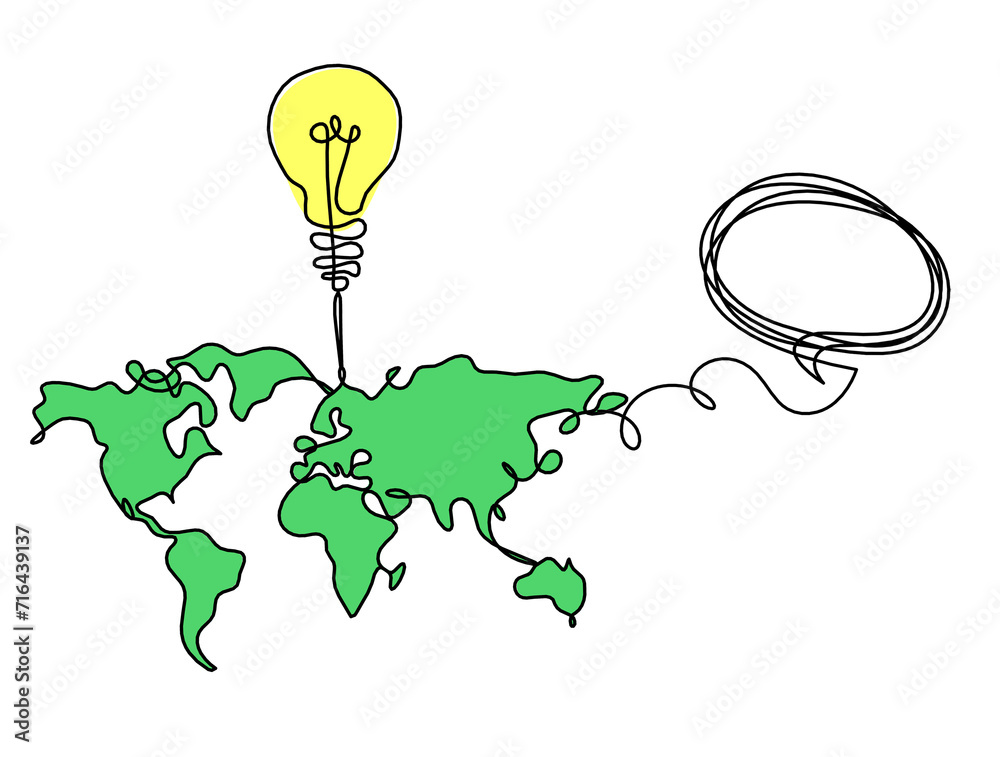 Color Map of planet Earth and light bulb with comment as line drawing ...