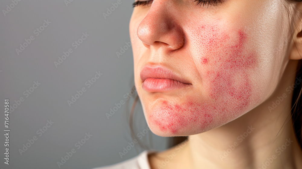 young woman with skin problem rosacea on the face. Medicine and ...