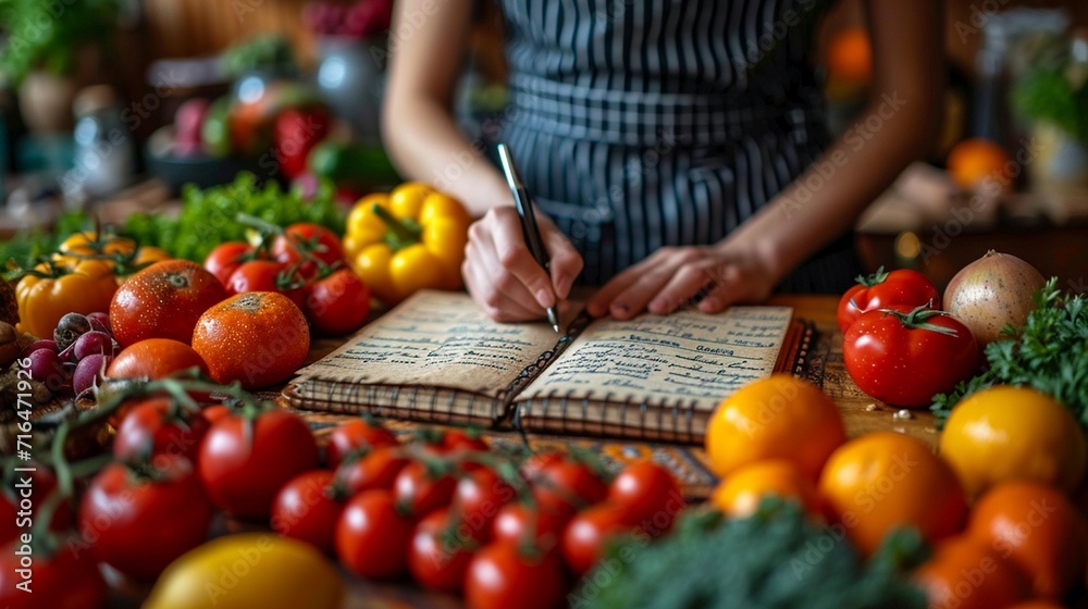 Balanced choices: Surrounded by fruits and veggies, a person jots down ...
