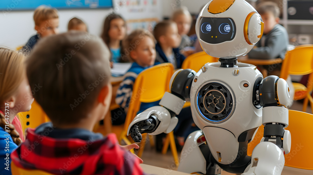 An interactive educational robot teaching children in a classroom ...