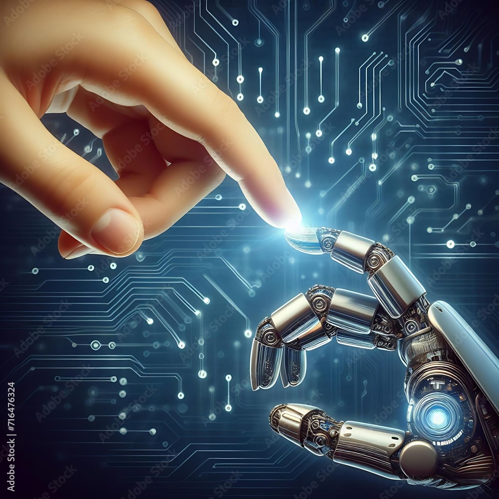 The human finger delicately touches the finger of a robot. Harmonizing ...