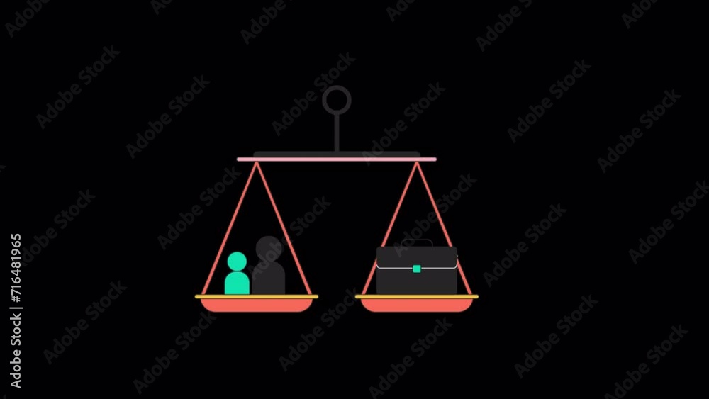 Work life balance scale line 2D object animation. Comparison flat color ...