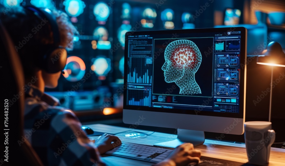 Person works on a computer, generates ideas, does analysis using neural ...