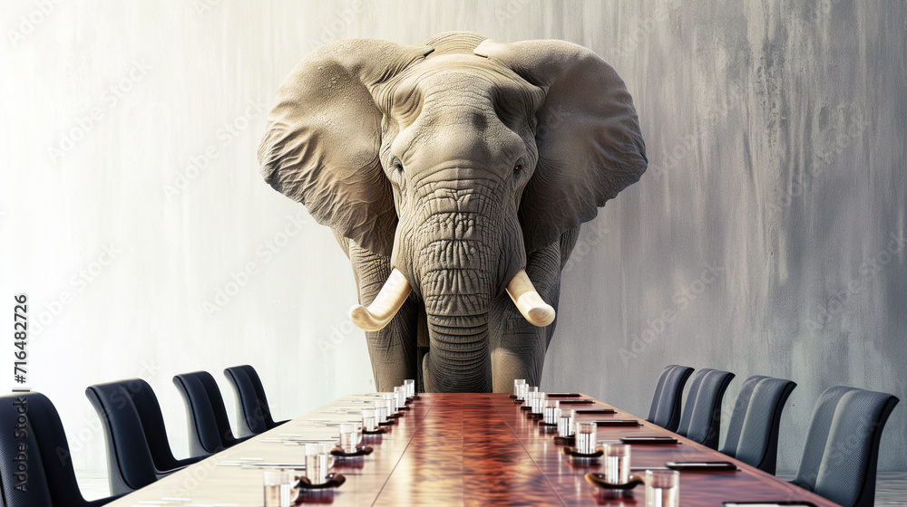 elephant stands at a conference table in a room, metaphor for "the ...