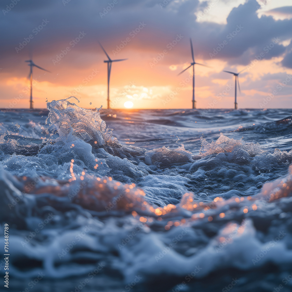 Wind turbines on top of water surface. Sustainable energy in use ...