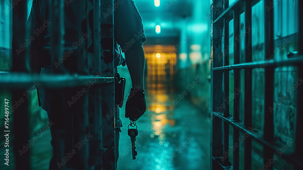 police jailer holding keys in prison corridor Stock Illustration ...