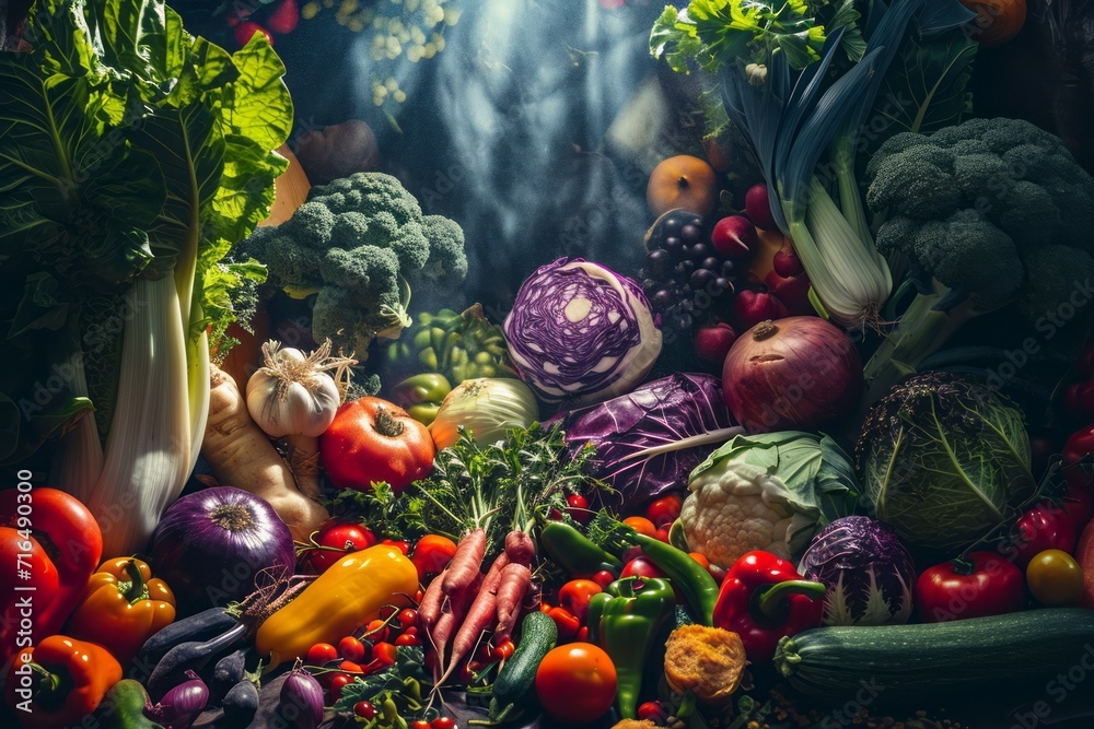 An assortment of vibrant vegetables, each emitting a radiant glow ...