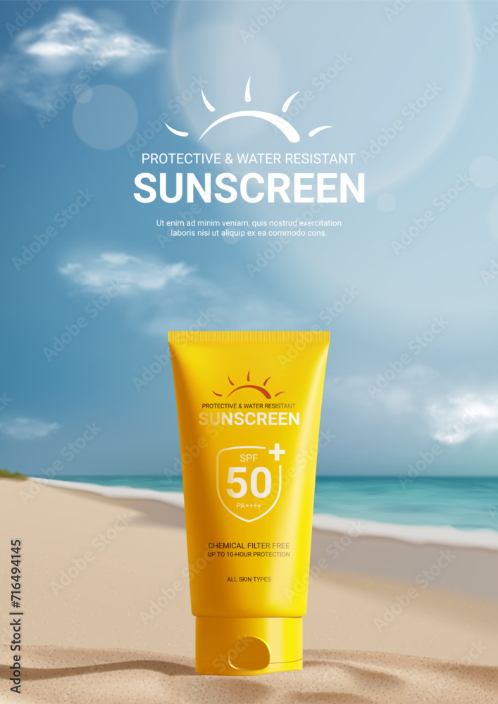 Sunscreen ad poster template. Flyer with tube of sunscreen on beach ...
