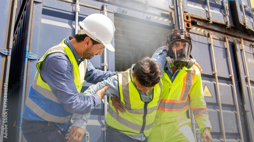 Team male rescue workers PPE uniforms wearing gas mask protect against ...