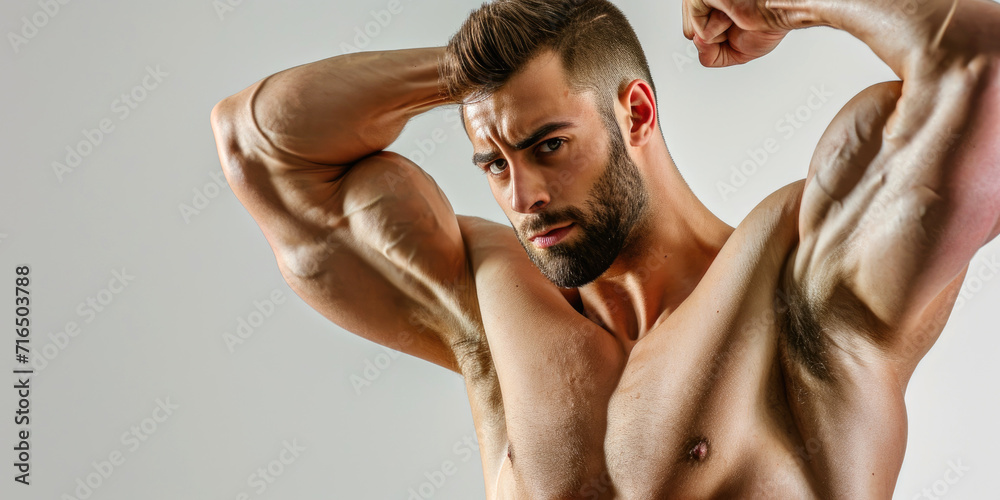 Handsome top model man bodybuilder flexing big wide shoulders, showing ...