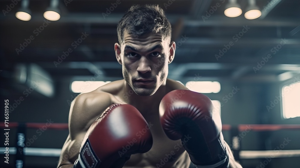 Young male boxer wearing boxing gloves takes a boxing stance, preparing ...