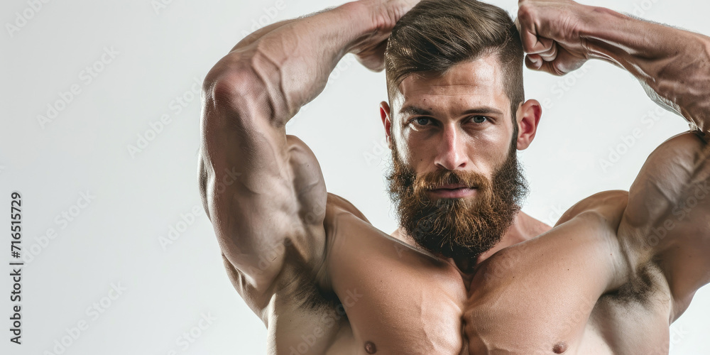 Handsome top model man bodybuilder flexing big wide shoulders, showing ...