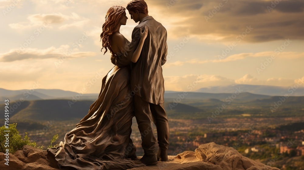 Atop a mountainous vantage point, a non-deformed human couple embraces ...