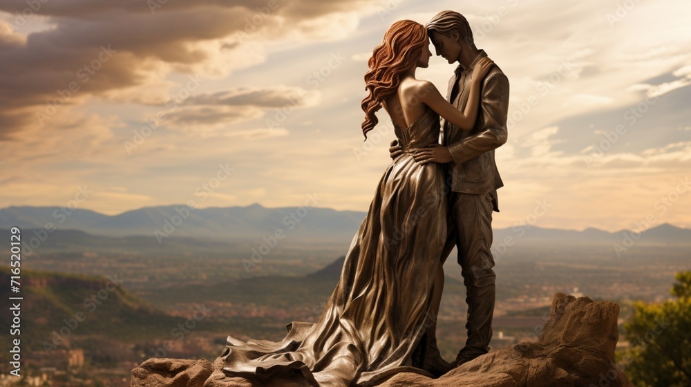 Atop a mountainous vantage point, a non-deformed human couple embraces ...