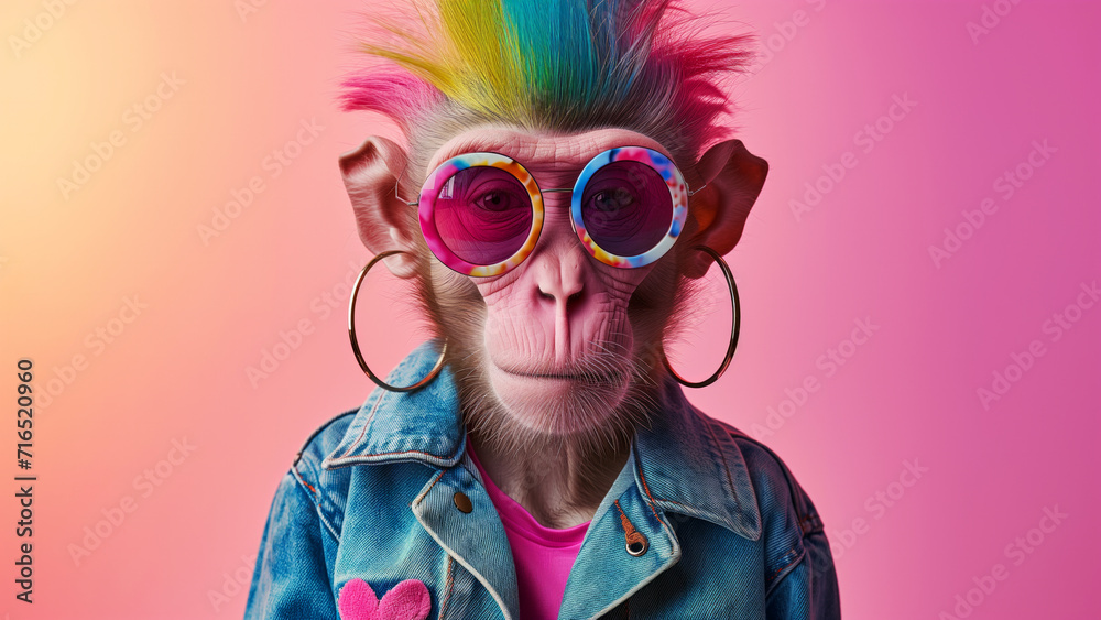 Portrait of monkey chimpanzee with a rainbow mohawk and funky glasses ...