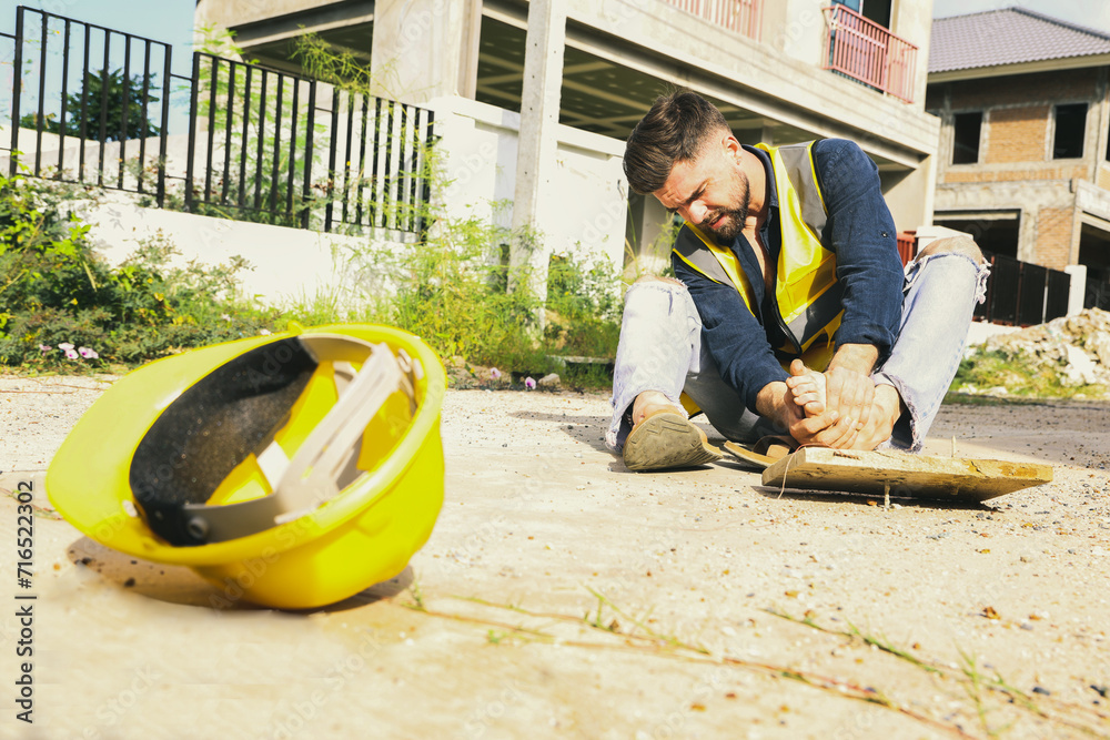 Poster Male worker had foot accident caused by carelessness in wearing ...